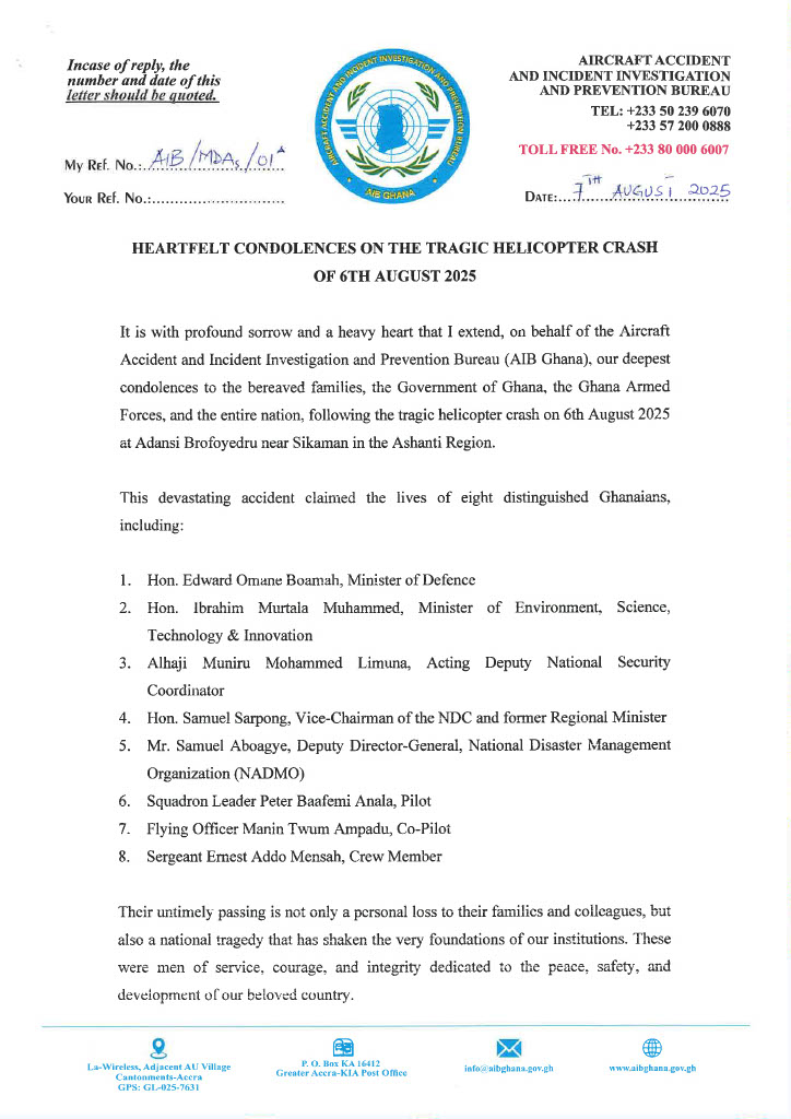 PRESS RELEASE: HEARTFELT CONDOLENCES ON THE TRAGIC HELICOPTER CRASH – AIB GHANA